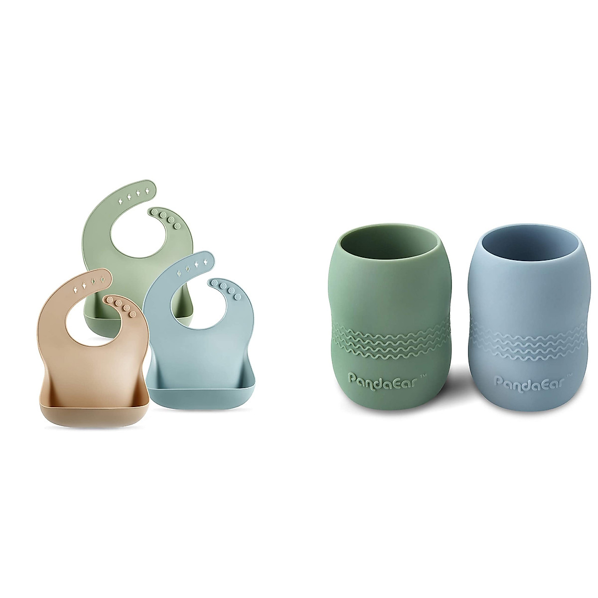 PandaEar Set of 3 Cute Silicone Baby Bibs & 2 Pack 100% Tiny Silicone Drinking Training Cup