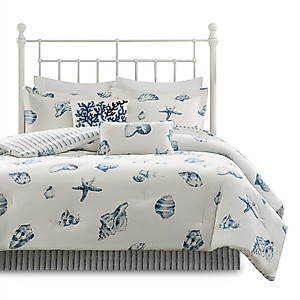 Harbor House Cozy Cotton Comforter Set - Coastal, All Season Down Alternative Casual Bedding with Matching Shams, Decorative Pillows, Beach House, Reversible Seashell Blue Twin(72"x90") 3 Piece