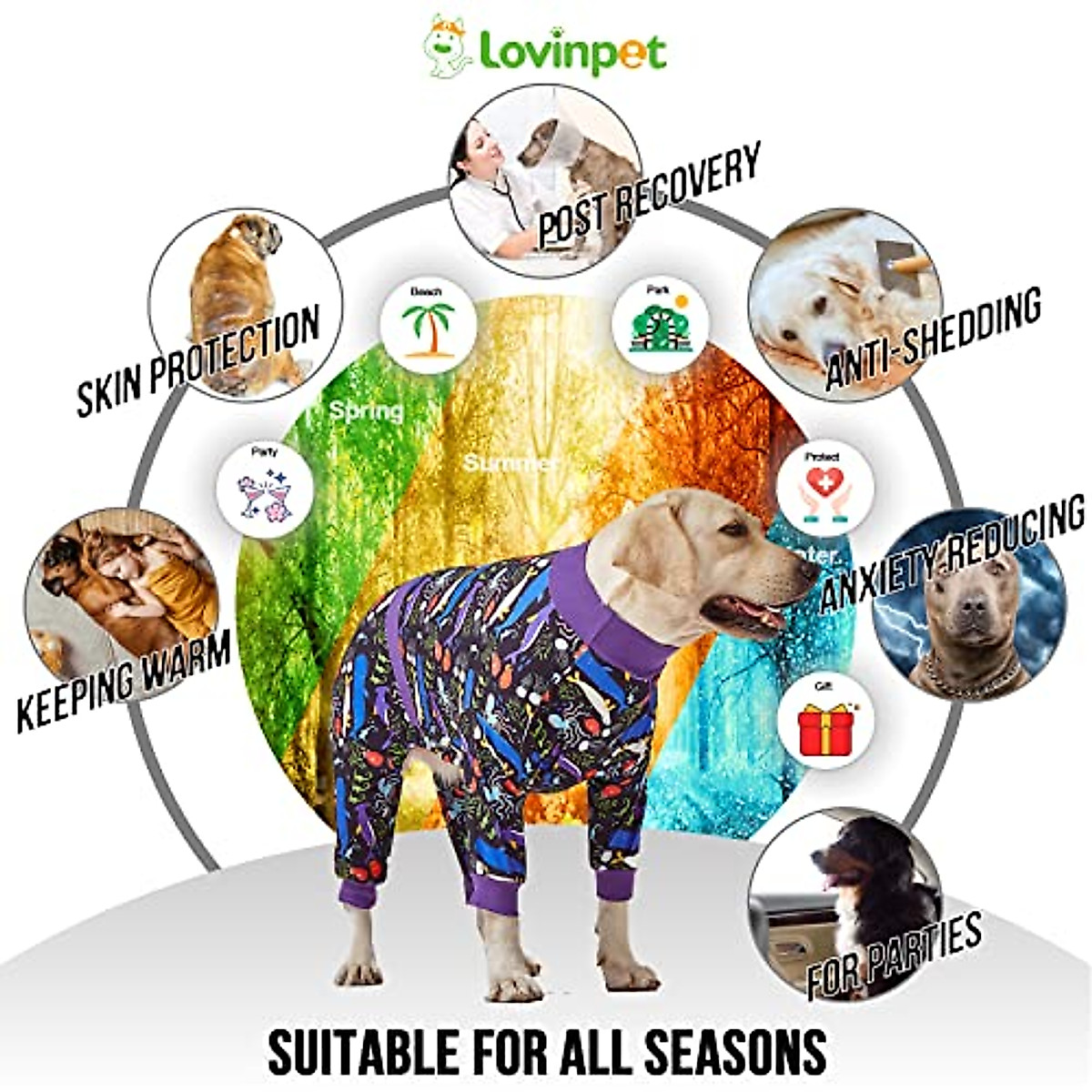 LovinPet Large Big Dog Pajamas - Post Surgery Onesie for Large Dog Breeds, Reflective Stripe, Lightweight breatheable stretchy knit, Charcoal Gray Deep Sea Print, Large Dog Jammies, Pet Pj's,Black 2XL