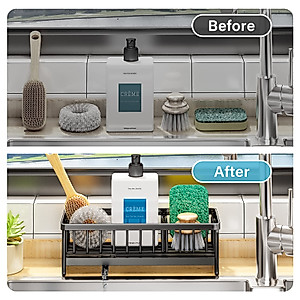 Sponge Holder for Kitchen Sink, Sink Caddy, Rustproof 304 Stainless Steel Dish Sponge Organizer with Divider, Sponge Holder for Kitchen Sink Counter, Soap Brush Holder Kitchen Sink Accessories Black