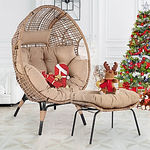 NICESOUL® 2 Person Indoor Outdoor Stationary Wicker Egg Chair Oversized Thicken Cushions Double Egg Seat 440lbs Egg Basket Lounge Chair with Ottomans, Boho Rattan Chair for Patio Brown