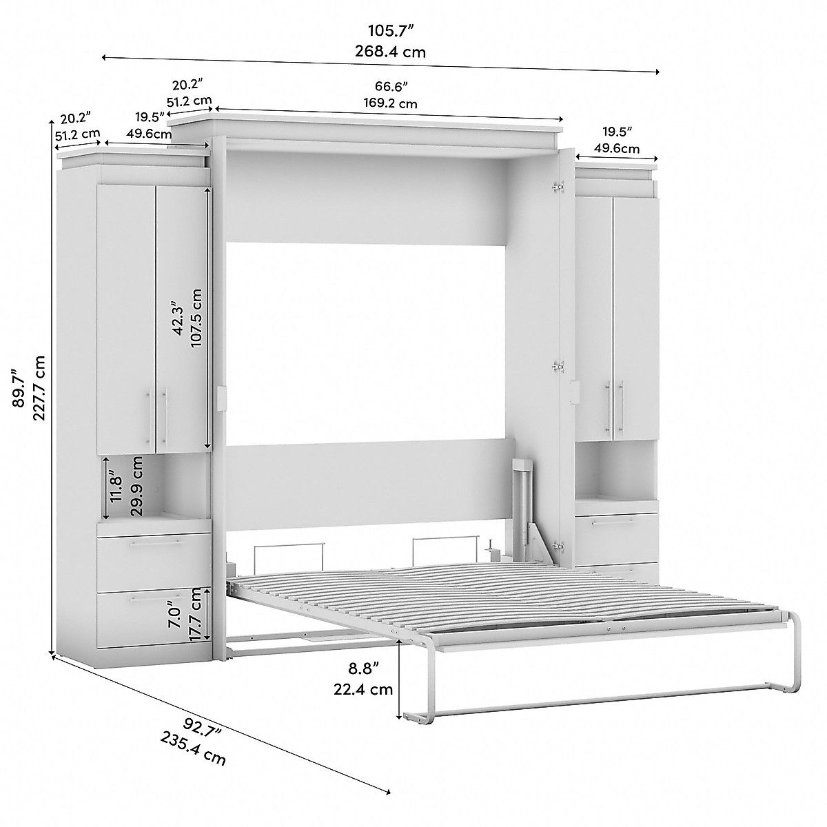Bestar Orion Queen Murphy Bed with Storage Cabinets and Pull-Out Shelf (106W) in Bark Grey and Graphite, Sleeping Arrangement with Shelves