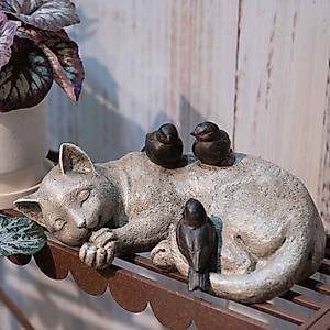 Comfy Hour 5" Polyresin Garden Accent Decorative Sparrows On Cat Figurine, Statue Stone Looking, White, Black, Pet in Loving Memory Collection