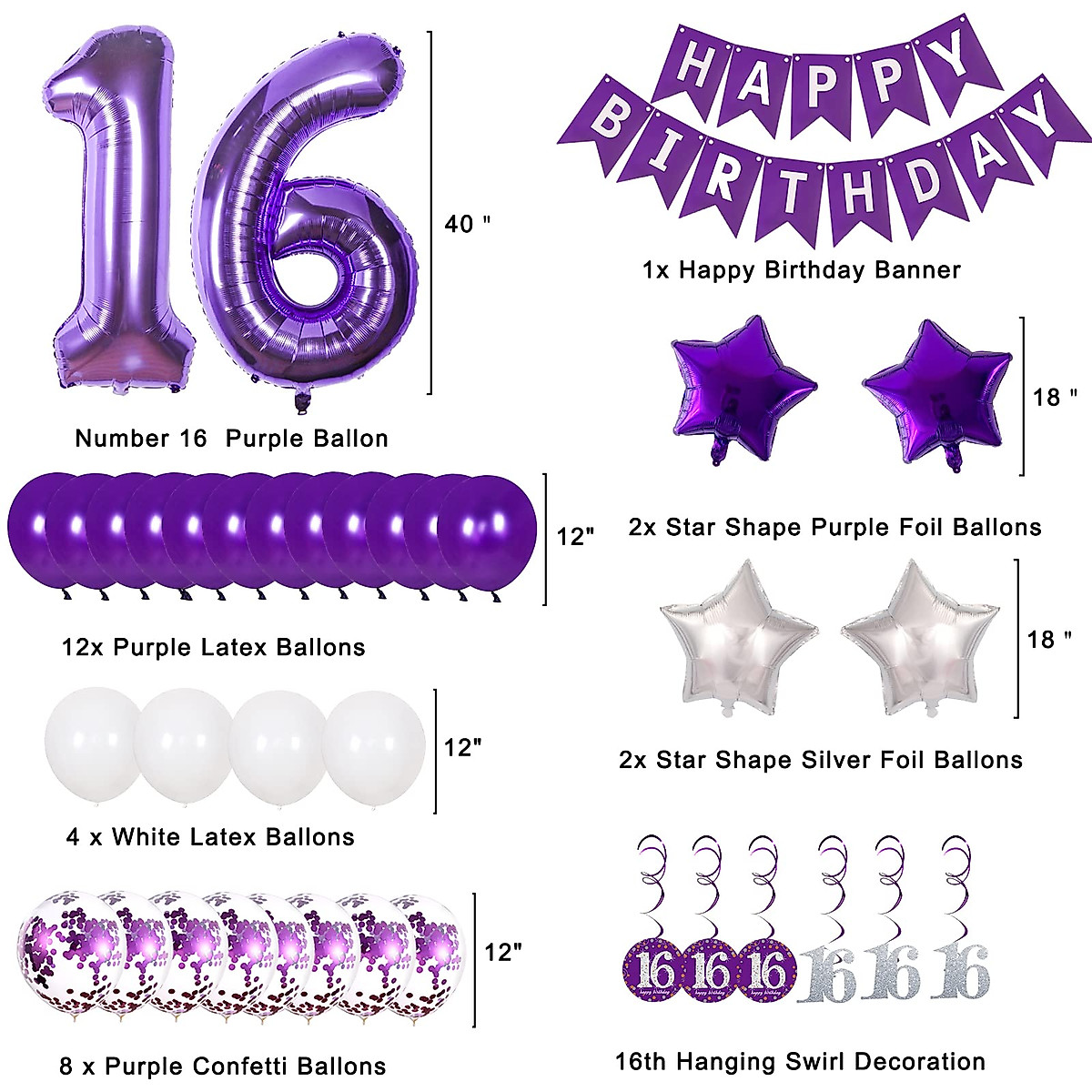 Sweet 16 Birthday Decorations, Purple 16th Birthday Party Decorations for Girls Boys Teenager, HAPPY BIRTHDAY Banner Bolloons Silver Number 16 Balloons for Him & Her 16 Years Old Birthday Party