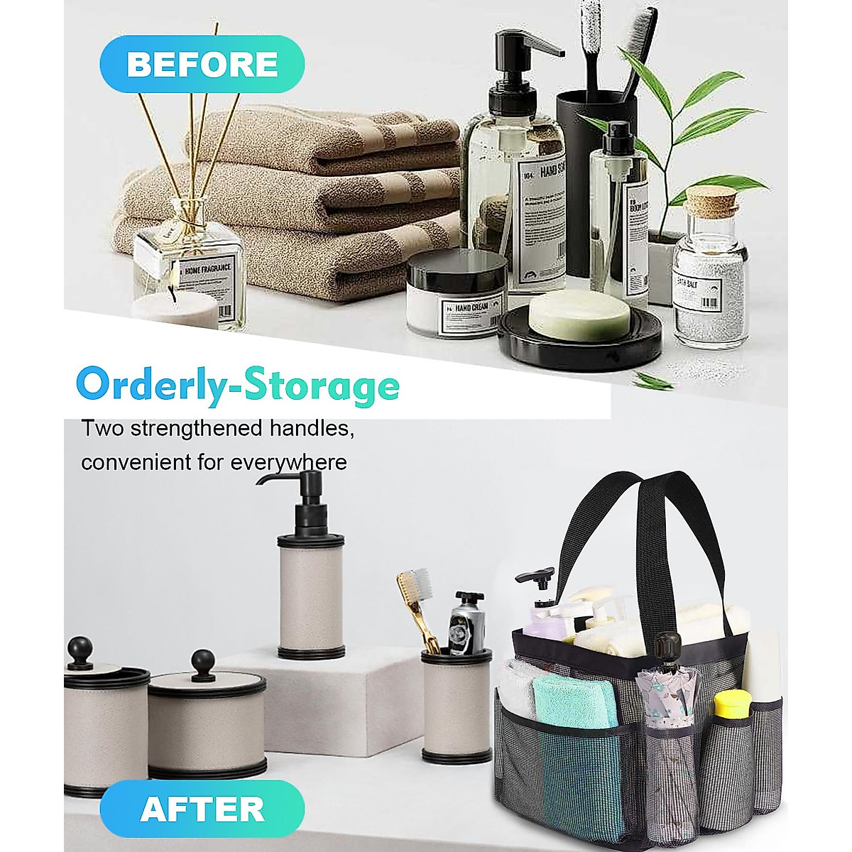 Shower Caddy,2 Pcs Mesh Shower Caddy Portable for College Dorm with 8-Pockets Large Capacity,Shower Bag for Bathroom Hanging Quick Dry,Essentials for Beach Gym Swim Camp Travel,2 Handles 1 Hook