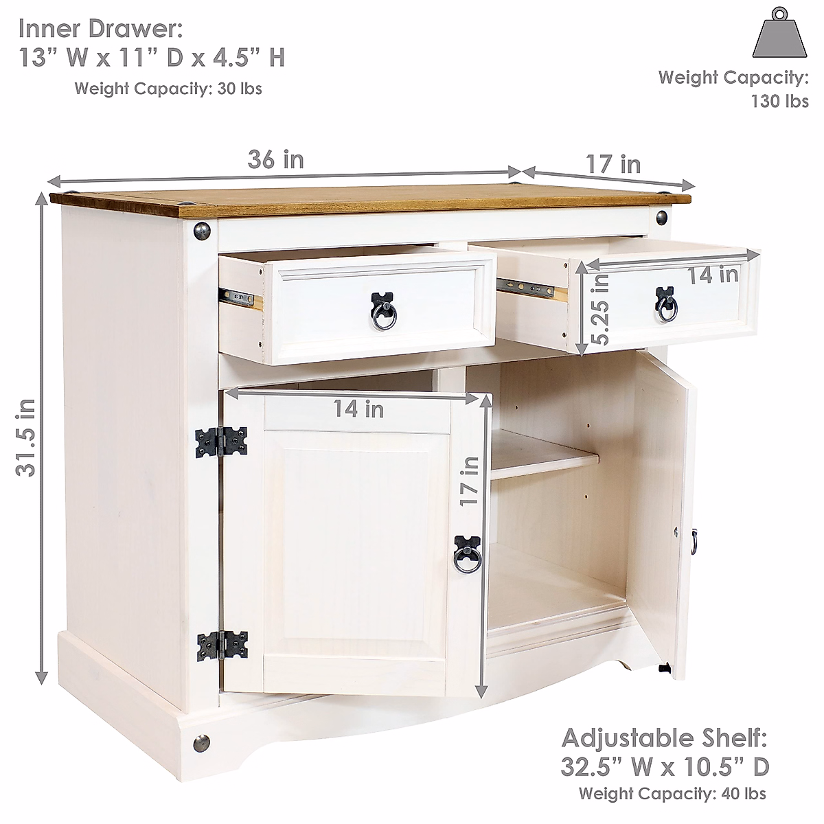 Sunnydaze 31.5-Inch H Kitchen Sideboard Cabinet with 2 Drawers and 2 Doors - Solid Pine Construction with White Finish