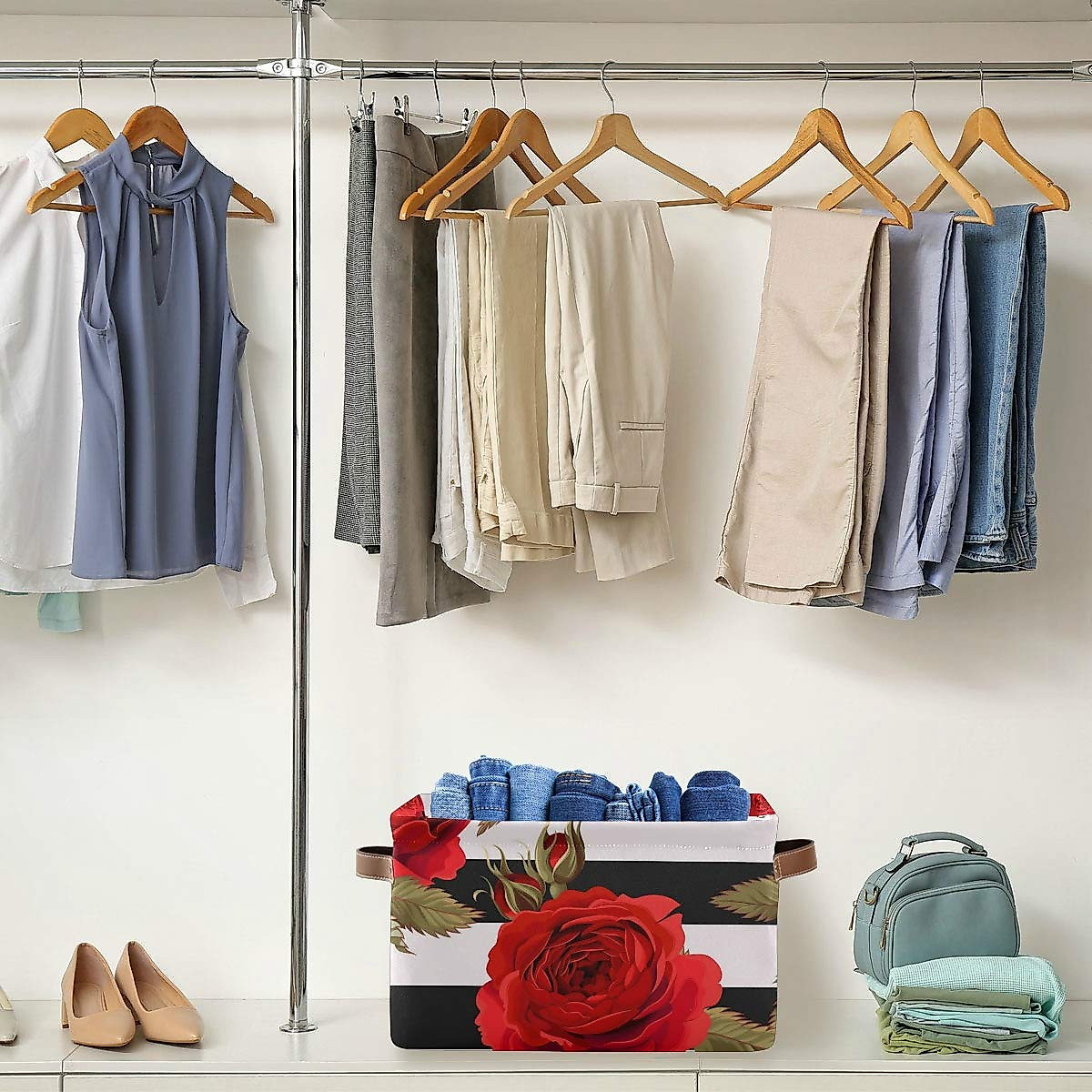 AUUXVA Red Rose Floral Flower Storage Basket Collapsible Cloth Storage Cube Basket Bins Organizer with Handles Rectangular Large Toys Shelf Closet for Nursery Bedroom Home Office