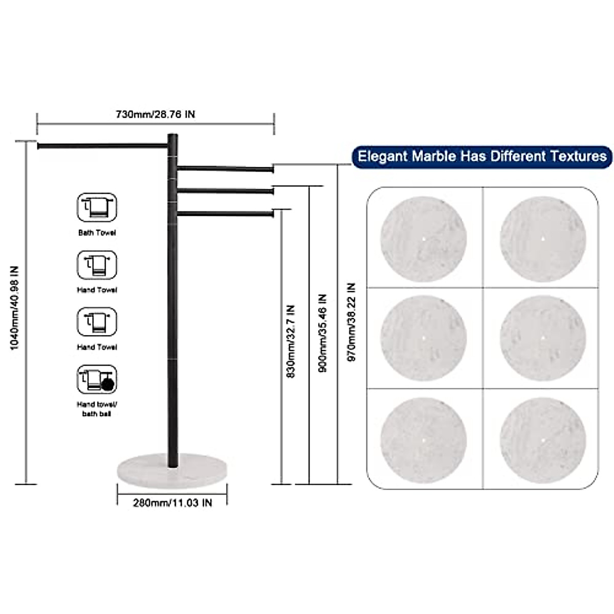 NearMoon 42 Inch Freestanding Swivel Towel Rack with Heavy Marble Base, Rustproof SUS 304 Stainless Steel Swing Out Towel Bar with 4 Arms, Towel Holder for Bathroom Bedroom (Matte Black)