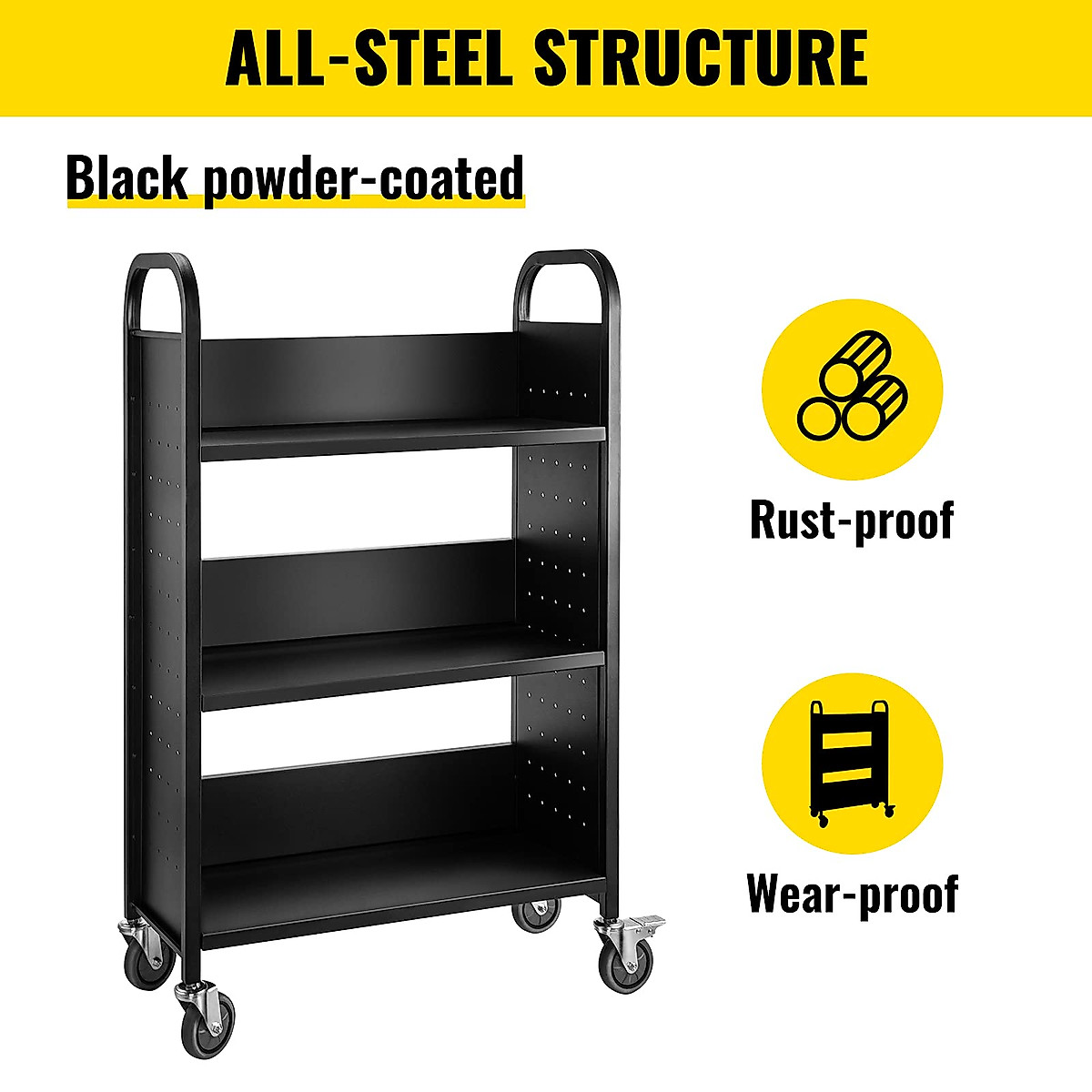 BestEquip Book Cart, 200LBS Library Cart, 49.2''x29.5''x13.8'' Rolling Book Cart, Single Sided L-Shaped Flat Shelves with Lockable Wheels for Home Shelves Office School Book Truck Black