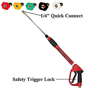 Hourleey Pressure Washer Gun, Red High Power Washer Gun with Replacement Wand Extension, 5 Nozzle Tips, M22 Fittings, 40 Inch, 5000 PSI