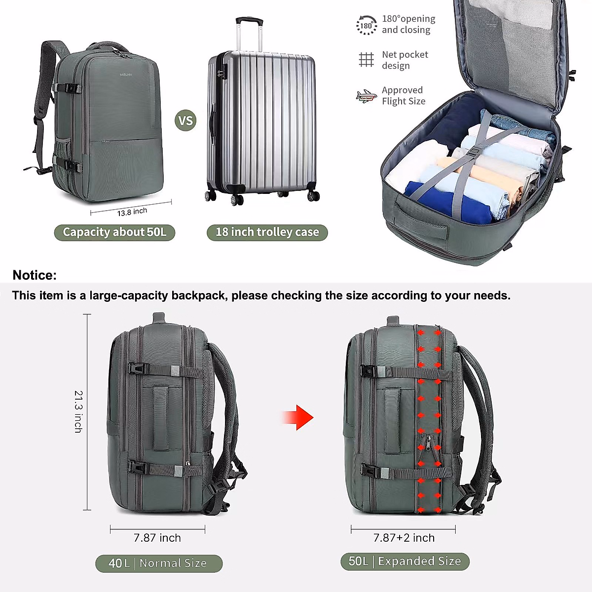 MOLNIA Travel Backpack for Men, 47L Carry On Backpack, 17.3inch Laptop Backpack Flight Approved, with 3 Packing Cubes & 1 Shoe Bag, Expandable Business Suitcase, Weekender Duffel Bag, Grey-green