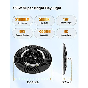 ORRGENA UFO LED High Bay Lights, 150W 21000LM (150lm/w) 5000K Up and Down Lighting Low Bay Light with 110V Plug for Barn Warehouse Shop Garage Workshop
