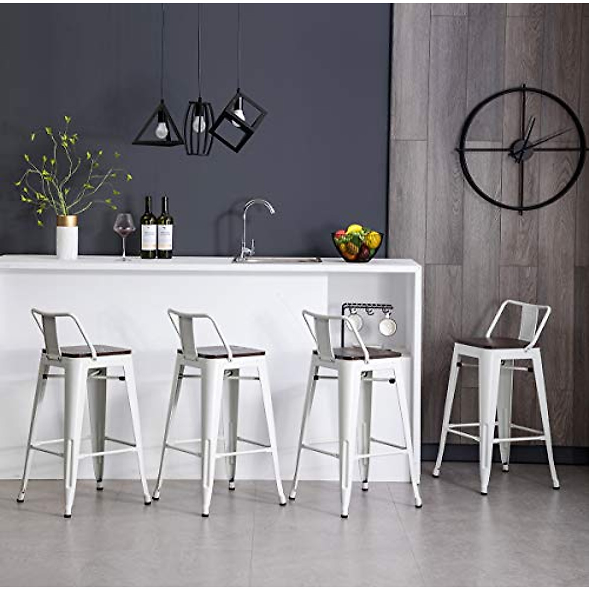 HAOBO Home Modern Industrial Metal Bar Stool Counter Height Stools [Set of 4] Stackable Dining Chair (24", Low Back White Wooden Seat)