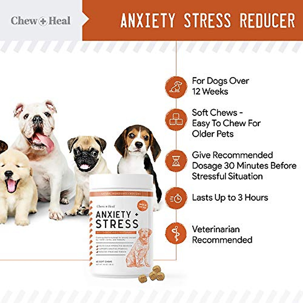 Chew + Heal Dog Calming Treats - 60 Soft Chews, Anxiety Supplement - Stress Relief Thiamine and L-Tryptophan for Travel, Storms, Fireworks - with Ginger and Melatonin - Made in The USA