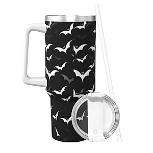 deaokluy 40 OZ Bats Ice Bully Cup with Handle and Straw, Double Wall Stainless Steel Tumbler Travel Coffee Cup with Lid, Halloween Insulation and Cooling Cup for Christmas Birthday Present