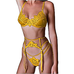 wodceeke Women's 3 PC Deep V Teddy Lingerie Set Sexy Lace Babydoll Bodysuit With Garter (Yellow, L)
