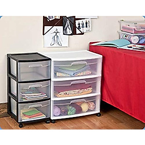 Sterilite Wide 3 Drawer Rolling Storage Cart Container with Casters For Bedroom, Dorm. and Kitchen, Clear Drawers and White Frame, (2 Pack)