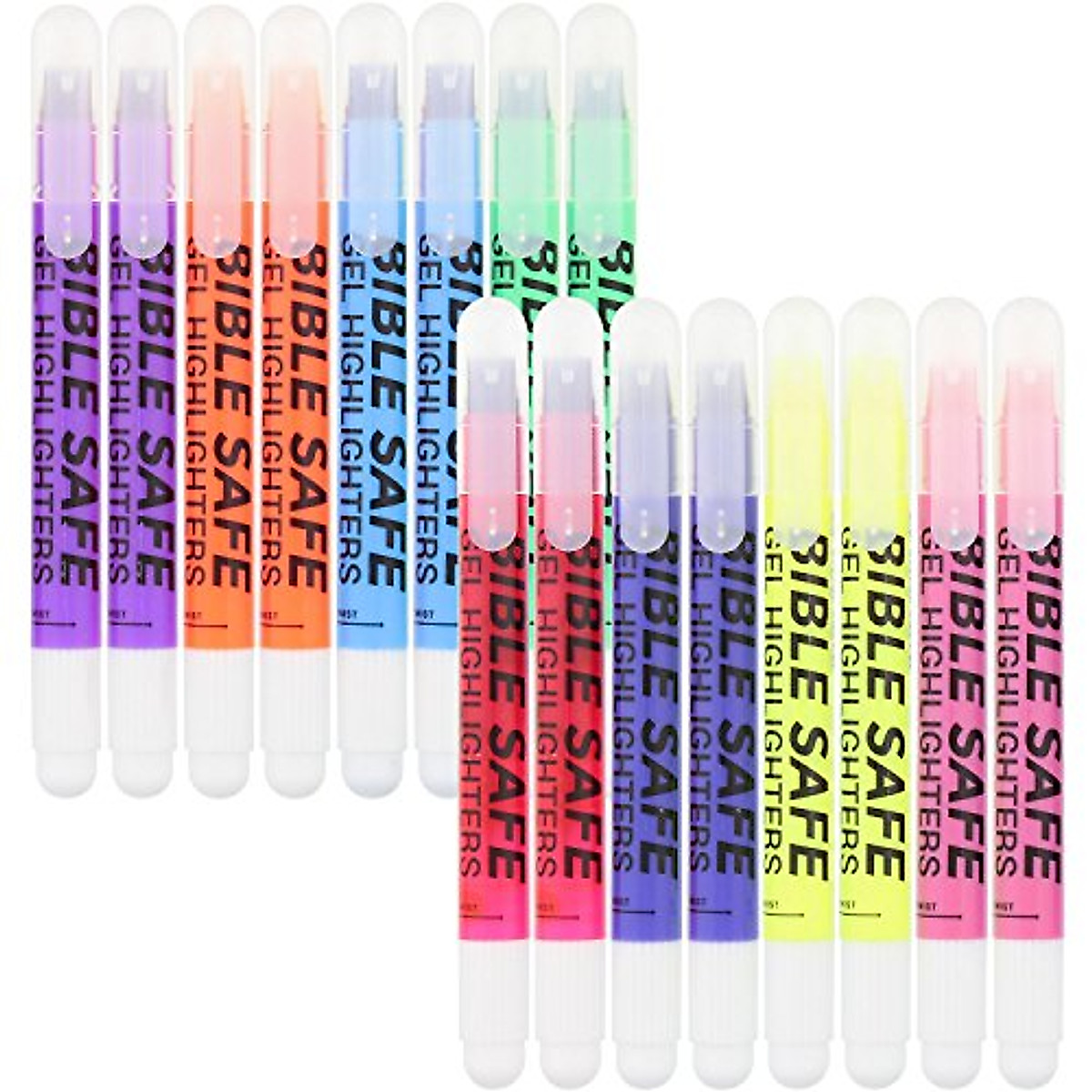 U.S. Office Supply Bible Safe Gel Highlighters, Pack of 16 - 2 Sets of 8 Bright Neon Fluorescent Highlight Colors Yellow, Orange, Pink, Purple, Green, Blue - Won't Bleed, Fade or Smear - Study Guide