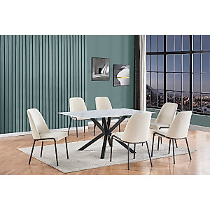 Best Quality Furniture D238-6SC189 Dining Set, White Marble/Gray/Cream