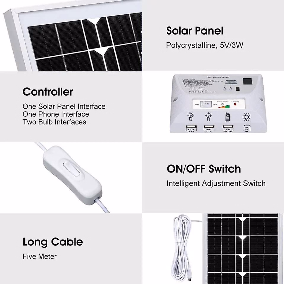 Home Solar Lighting System Mini Kit with Mobile Phone Charging Capability USB Charger for Home- for Camping- for RV 5W 5V (Includes 2 Low Watt Light Bulbs)