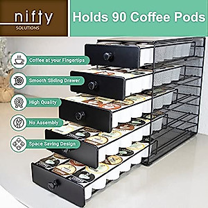 Nifty Coffee Pod Drawer – Black Satin Finish, Compatible with K-Cups, 90 Pod Pack Capacity Rack, 5-Tier Holder, XXL Storage, Stylish Home or Office Kitchen Counter Organizer