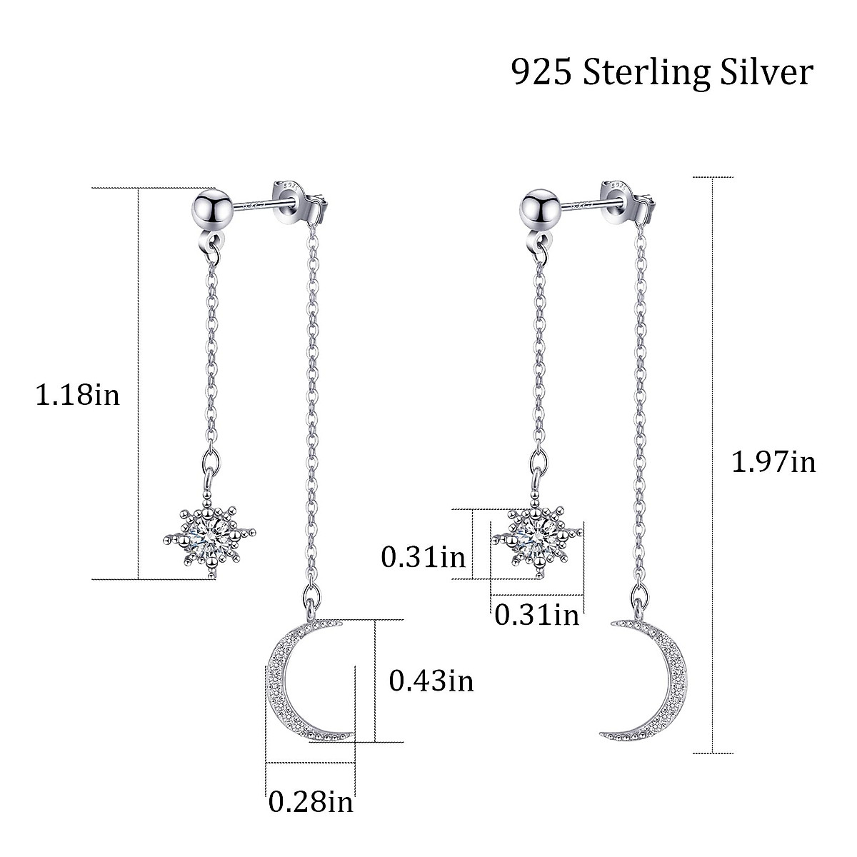 925 Sterling Silver Moon Star Earrings for Women Crescent Dangle with Cubic Zirconia Celestial Jewelry for Wedding