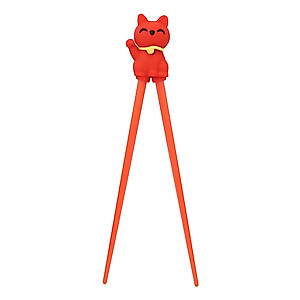 Ebros Gift Reusable Training Chopsticks Set With Animated Food Safe Silicone Helper Hinge Guide For Sushi Noodles Rice Dining Fun For Adults And Kids (Red Maneki Neko Cat)