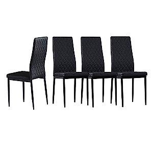 IANIYA Set of 4 Leather Dining Chairs Set, with Upholstered Cushion & High Back, Powder Coated Metal Legs, Rhombus Pattern Seats, Household Home Kitchen Living Room Bedroom (Black)