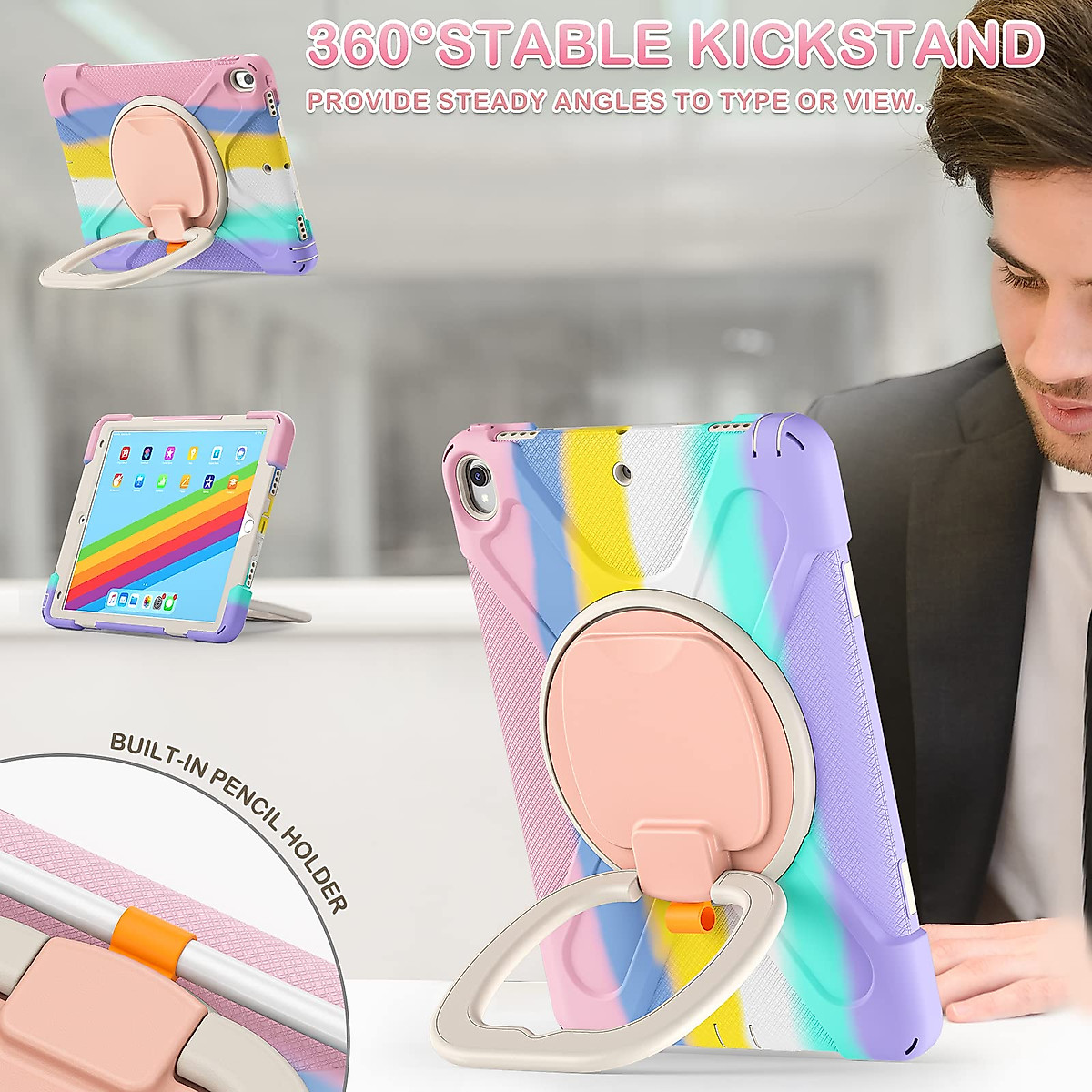 BATYUE iPad Pro 10.5 Case 2017 Released, iPad Air 3rd Generation Case 2019 Release; Rugged Heavy Duty Protective Cover with Pencil Holder, 360° Swivel Stand, Shoulder Strap; for Kids (Colourful Pink)