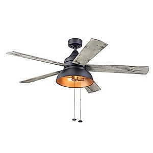 Prominence Home Brightondale, 52 Inch Industrial Style Indoor Outdoor LED Ceiling Fan with Light, Pull Chain, Dual Mounting Options, 5 Dual Finish Blades, Reversible Motor - 51659-01 (Matte Black)