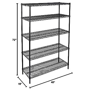 AmazonCommercial Heavy-Duty 5-Tier Steel Wire Shelving with Optional Wheels, NSF Certified, 48" W x 18" D, Black