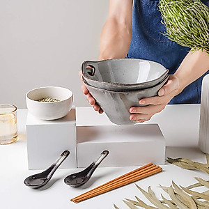 KOOV Porcelain Ramen Bowls and Spoons Set of 2 - Japanese Ramen Noodle Bowl with Chopsticks and Spoons, 26 Ounce Deep Pho Bowl, Reactive Glaze (Variable Grey)