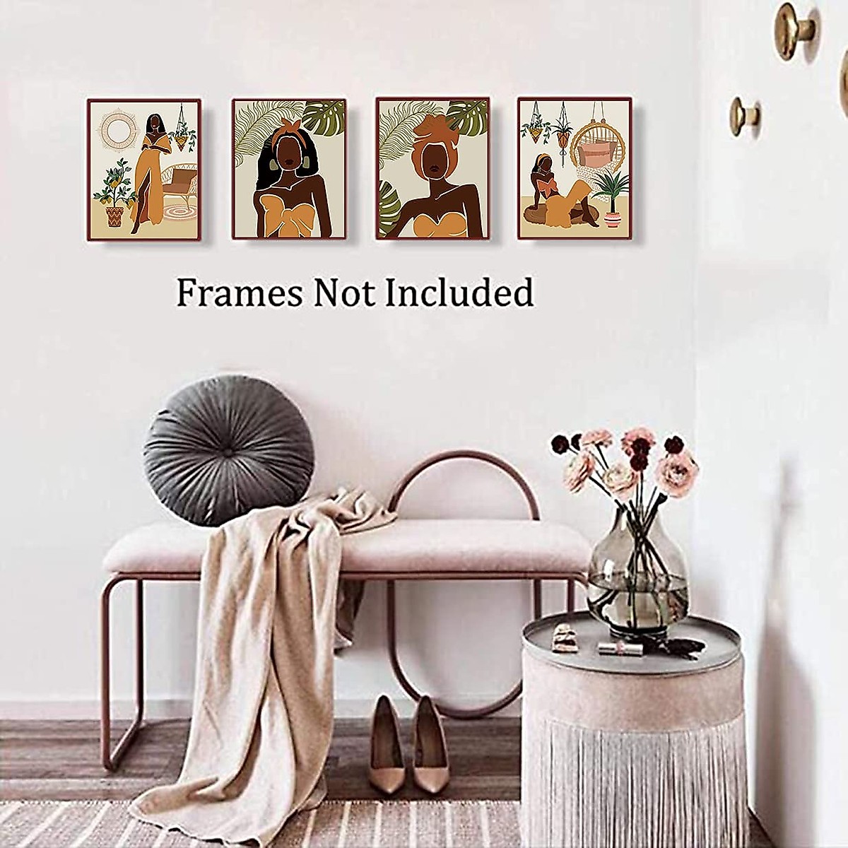 Modern Minimalist Black Woman Leaf Art Painting African American Women Art Painting Black Girl Wall Art Fashion Pop Boho Queen Girl Room Poster Painting Female Bathroom Bedroom Dressing Room Wall Home