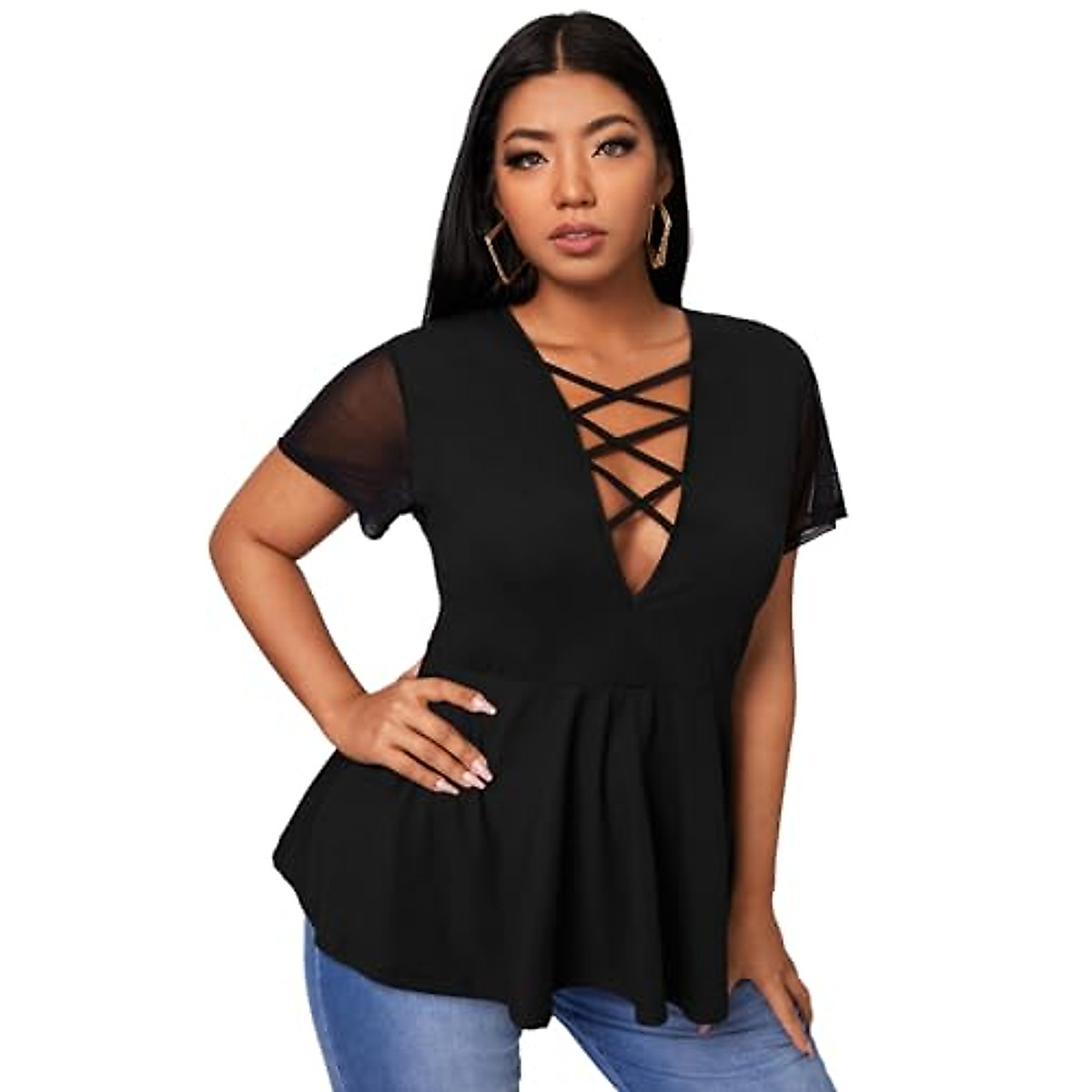 SOLY HUX Womens Plus Size Sexy Tops Criss Cross Blouses V Neck Short Sleeve Shirts Pure Black 2XL
