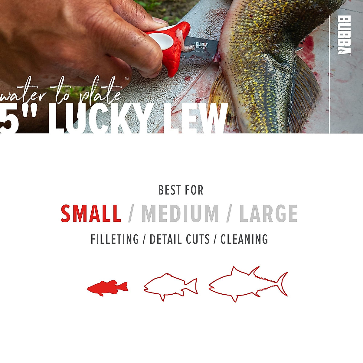 BUBBA 5 Inch Lucky Lew Folding Compact Fillet Knife with Non-Slip Grip Handle, Stainless Steel Blade, Lanyard Hole and Synthetic Carry Case for Gutting, Fishing and Hunting