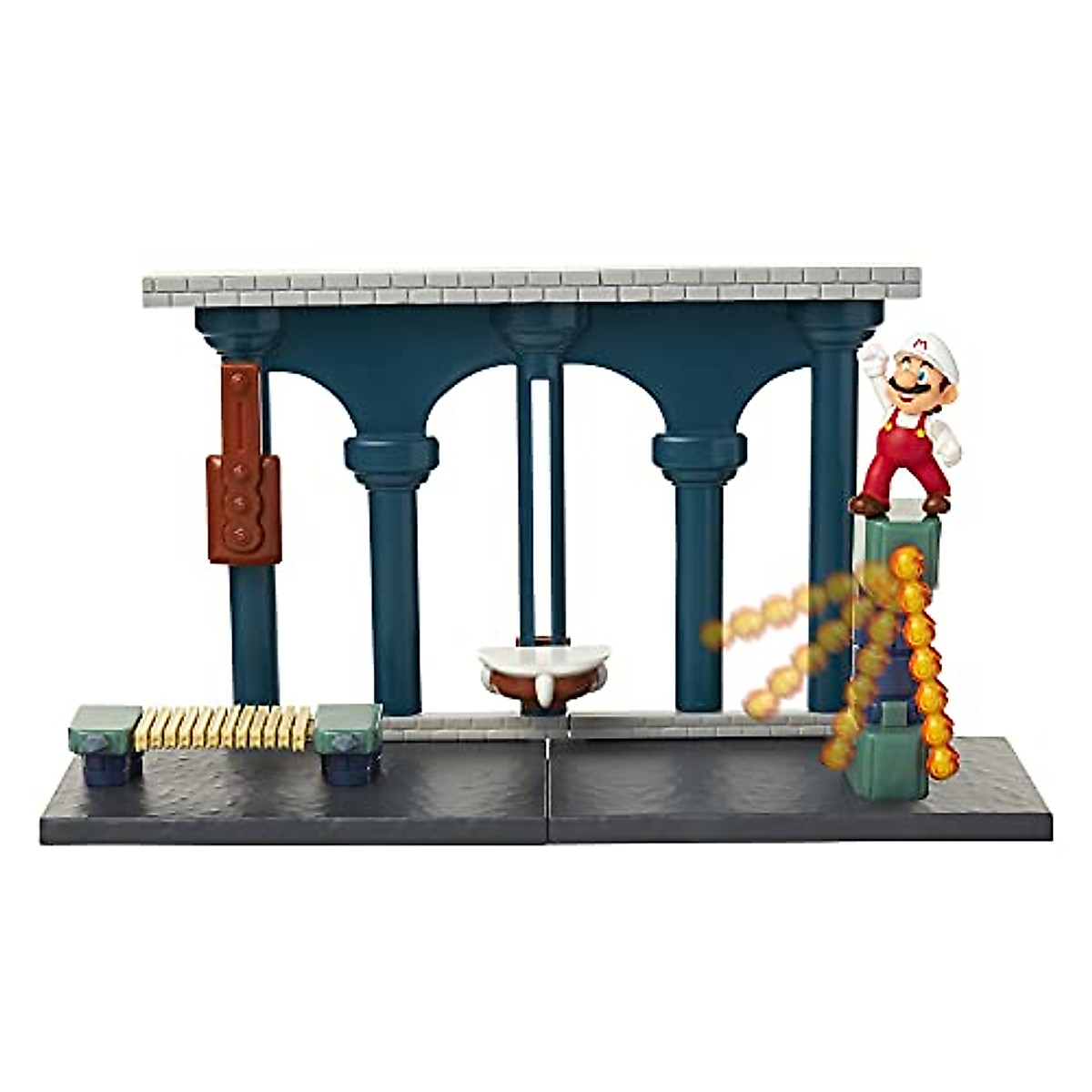 Nintendo Super Mario Lava Castle Deluxe Play Set, Includes: 2.5” Fire Mario Figure & Mechanical Features, Spinning Fireballs Tower, Swinging Pendulum, Bone Lift & Bridge