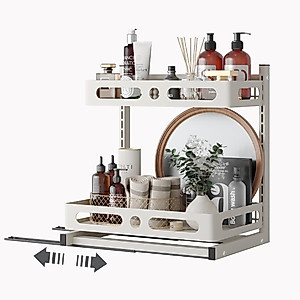 NETEL Under Sink Organizer,Pull Out Sliding Cabinet Basket Organizer 2 Tier Under Bathroom Storage Rack, Multi-Use for, Height Adjustable, With PP Frosted Pad, With strong double-sided adhesive, White