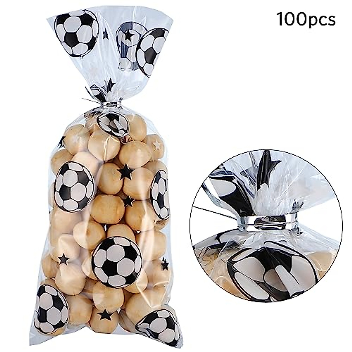 100 Pcs Soccer Treat Bags Gift Bags, Soccer Party Favors Bag Heat Sealable Treat Candy Bags Soccer Cellophane Bag with 100 Pcs Silver Twist Ties (Clear)