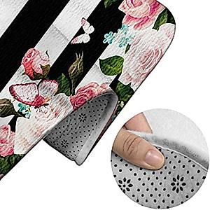 DONMYER Bathroom Rugs and Mats Sets 3 Piece,Black and White Stripe Modern Pink Floral Butterfly,Bathroom Rugs Non Slip, Absorbent Bath Mat Washable Bathroom Floor Mats