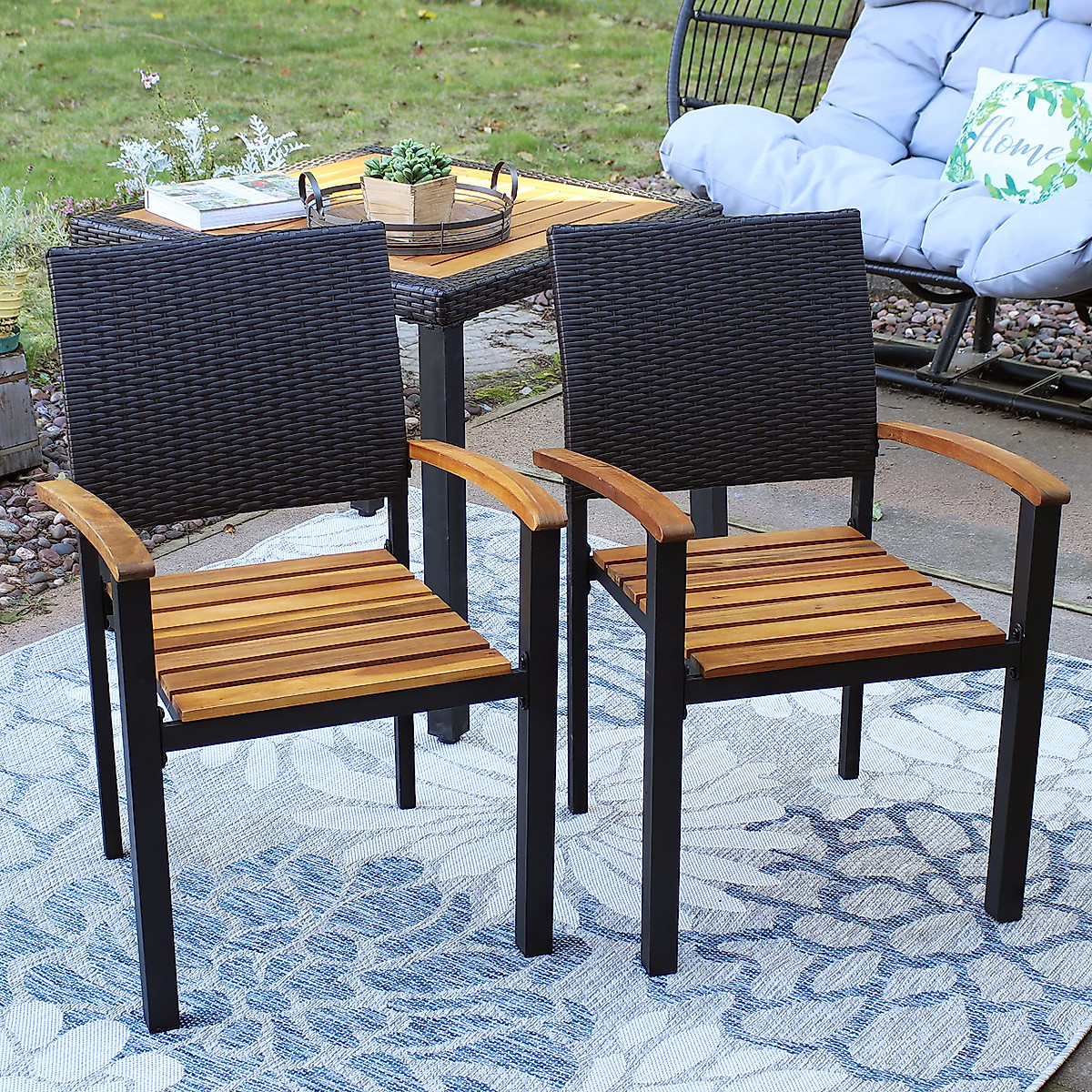 Sunnydaze Malachi Acacia Wood Patio Armchair - Set of 2 - Resin Rattan-Wrapped Steel Frame - 275-Pound Weight Capacity - Brown