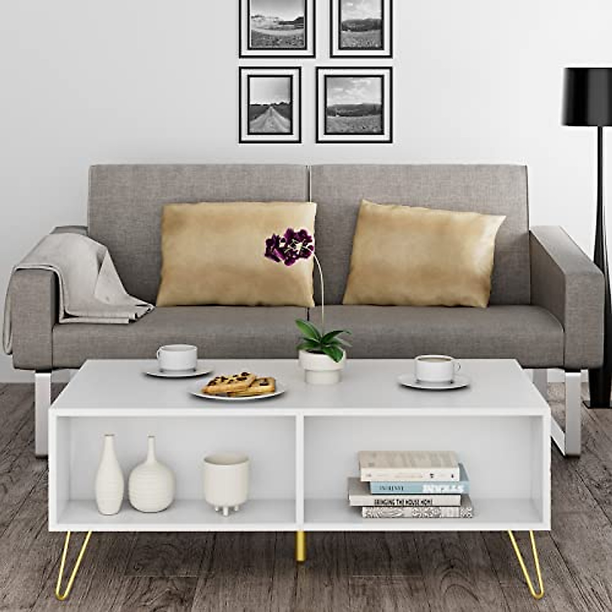Scurrty 39.4'' Coffee Table with Large Drawers & 2 Open Storage Shelves, White Modern Coffee Tables with Gold Metal Handles for Living Room, Bedroom and Study (White)