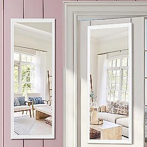 NeuType Full Length Mirror, 44" x 16" Over The Door Mirror, Wall Mount Hanging Mirror with 2 Metal Hangers for Wall Bedroom Bathroom Living Room Decor White