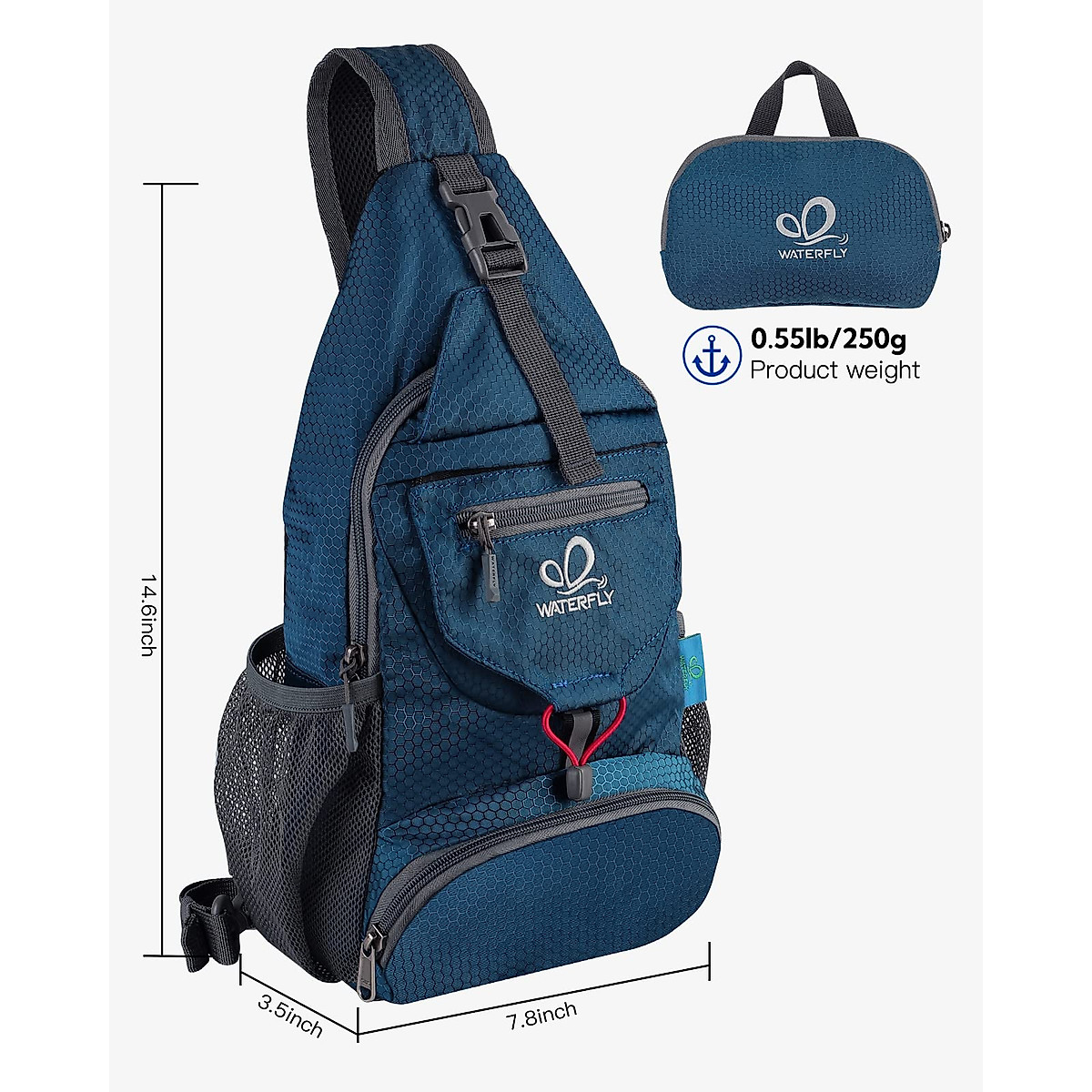 WATERFLY Packable Small Crossbody Sling Backpack Shoulder Chest Bag Daypack for Hiking Traveling Blue