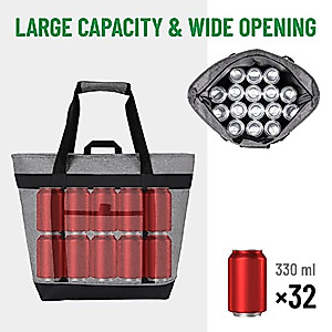 NatuBeau Insulated Cooler Bag Soft Cooler Tote Bag 32-Can Insulated Grocery Bag Large Lunch Cooler Bag Lunch Box for Shopping Travel Beach Picnic, Grey