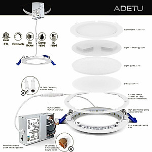Adetu 12 Pack Recessed Lighting 6 Inch, 5CCT Ultra-Thin Recessed Light Fixtures with Junction Box, CRI 85>, 13W 1080LM, LED Ceiling Light - ETL Energy Star