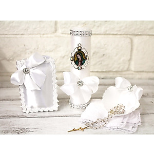 Elegant Wood Box 5pc Our Lady Guadalupe Charm Rhinestone Mi Bautizo Baptism Gift Set Rosary Candle Communion Espanol Nina Nino Favor Bible Velas Recuerdos