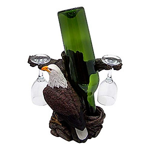 Bald Eagle Statue Wine Bottle Holder with Two Wine Glasses, Kitchen Decor, 8.5 Inch