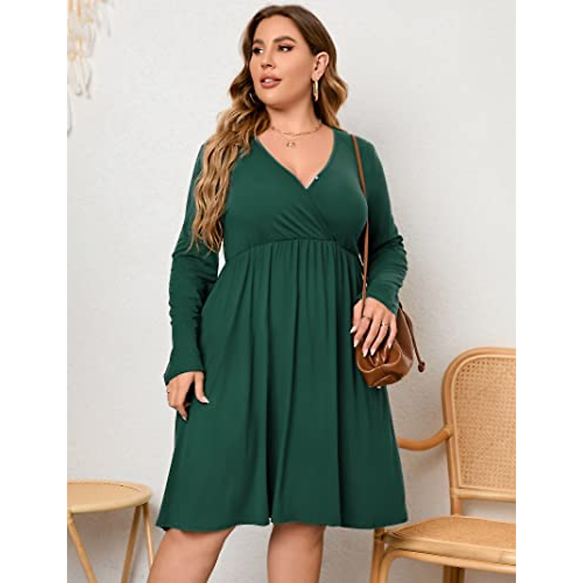KOJOOIN Women's Plus Size V Neck A-Line Knee Length Wrap Swing Dresses Casual Loose Party Mini Dress with Pockets (Dark Green, 5XL)