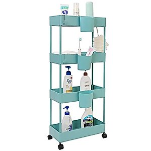 OVAKIA 4-Tier Slim Rolling Utility Cart Storage Shelves Trolley Storage Organizer Shelving Rack with Mesh Baskets/Wheel Casters for Laundry Pantry Bathroom Kitchen Office Narrow Places(Teal)