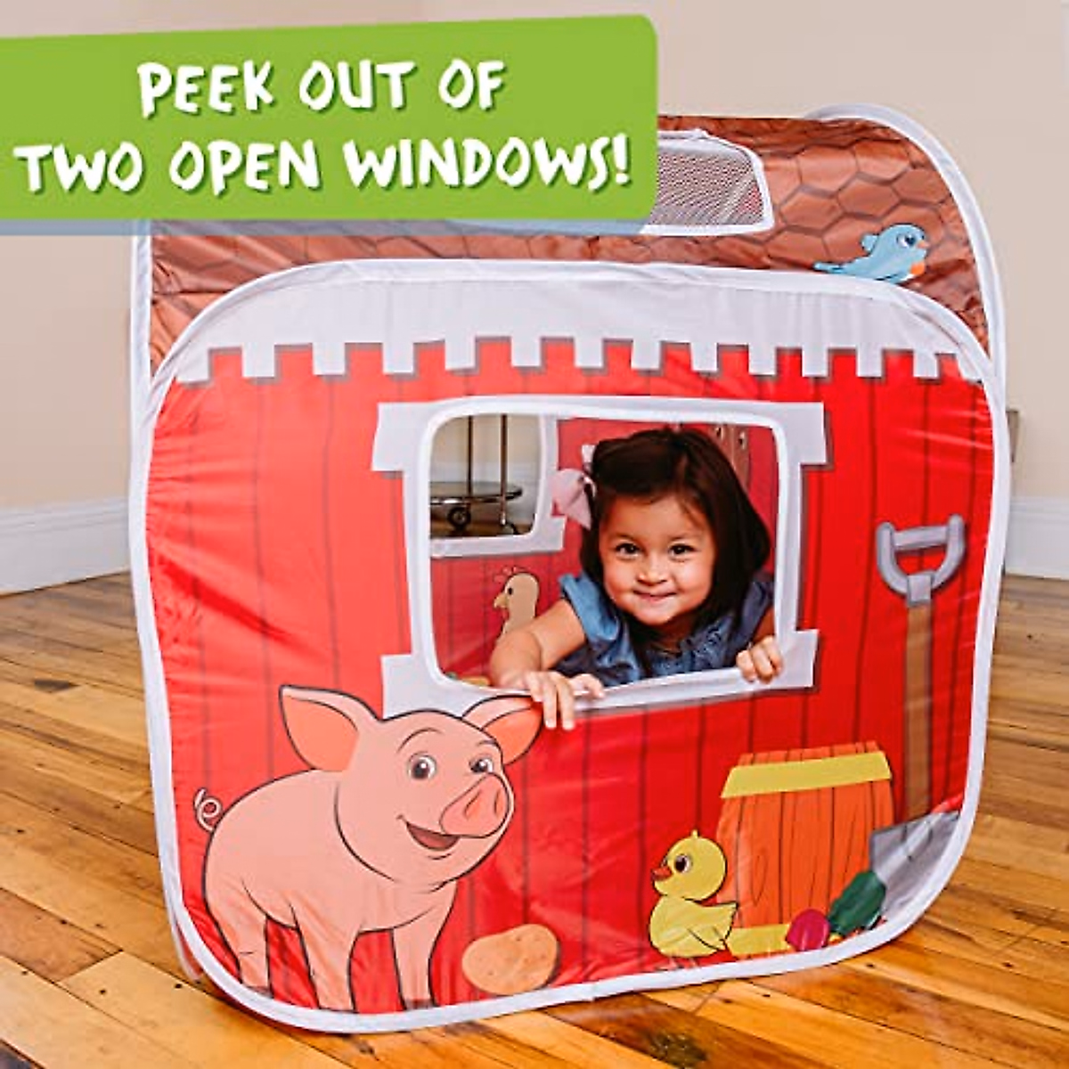 CoComelon Old MacDonald's Musical Barn Pop Up Tent – Easy to Setup Playhouse for Kids | Plays Music, Roll Up Door and Mesh Windows